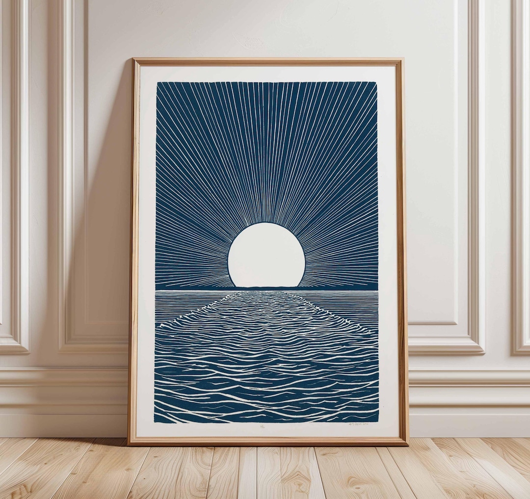 Ocean Sunrise Wall Art, Modern Minimalist Blue Sea Print, Geometric Sun ...