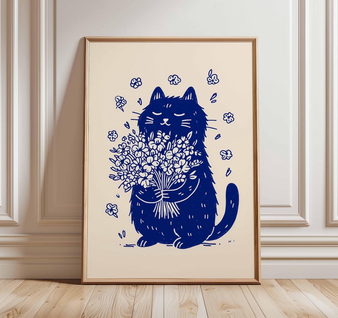 Cute Cat Poster – Blue Line Art Wall Print With Flowers, Minimalist ...