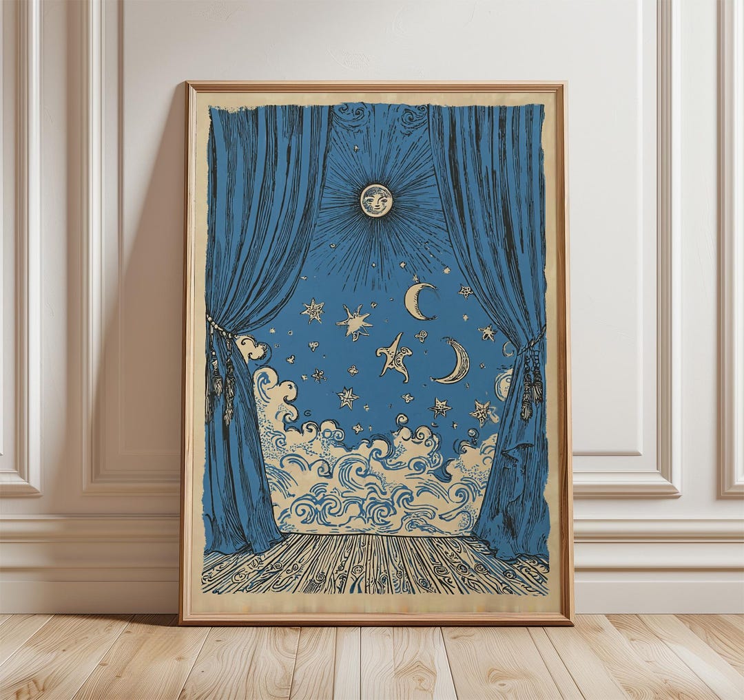 Celestial Curtain Wall Art Print | Moon and Stars Illustration Poster ...