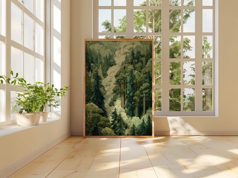 Forest Fog Poster | Misty Pine Trees Wall Art | Green Woodland ...
