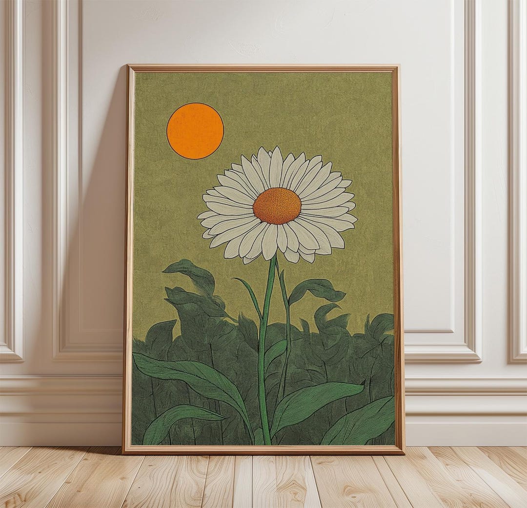 Minimal Daisy Flower Poster Print | Retro Botanical Wall Art | Sun and ...