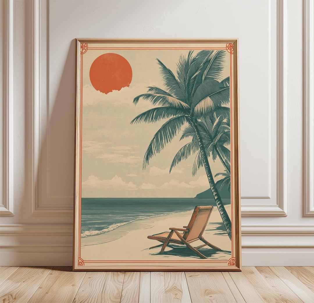 Vintage Beach Poster | Tropical Coastal Wall Art | Retro Palm Tree ...