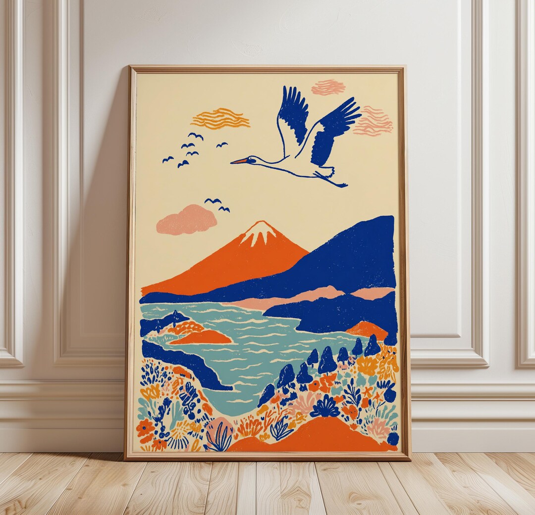 Japanese Crane Mountain Poster, Sun and Lake Landscape Wall Art ...