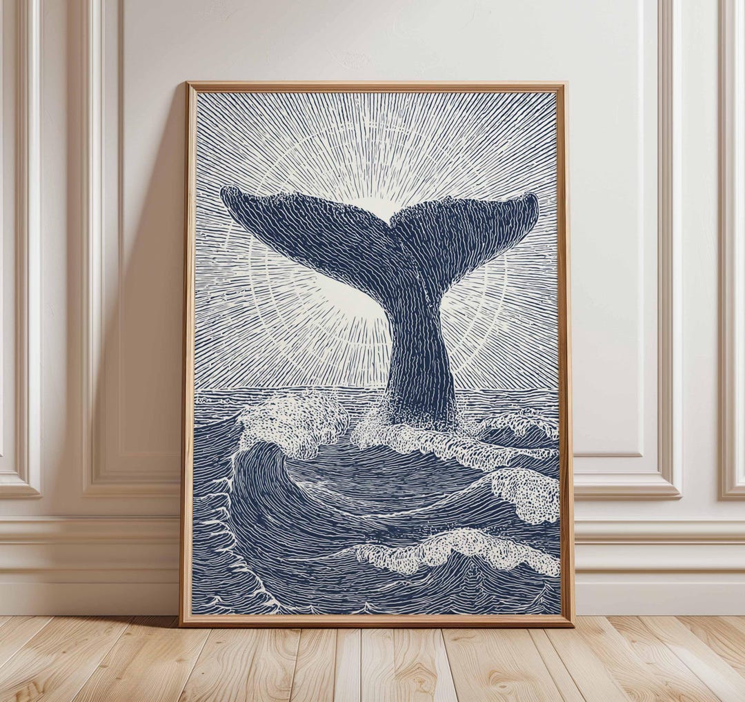 Whale Tail Poster, Ocean Wave Wall Art, Nautical Line Art Print ...