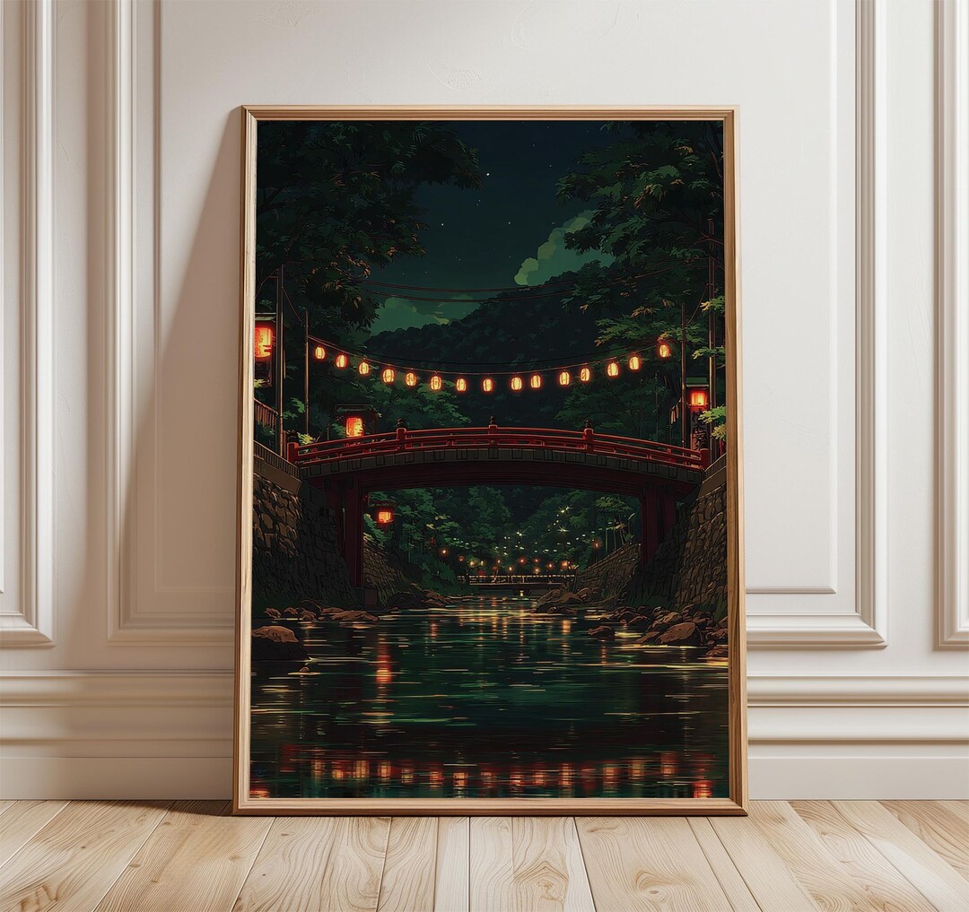 Japanese Lantern Bridge Poster, Night River Scene Print, Forest Pathway ...