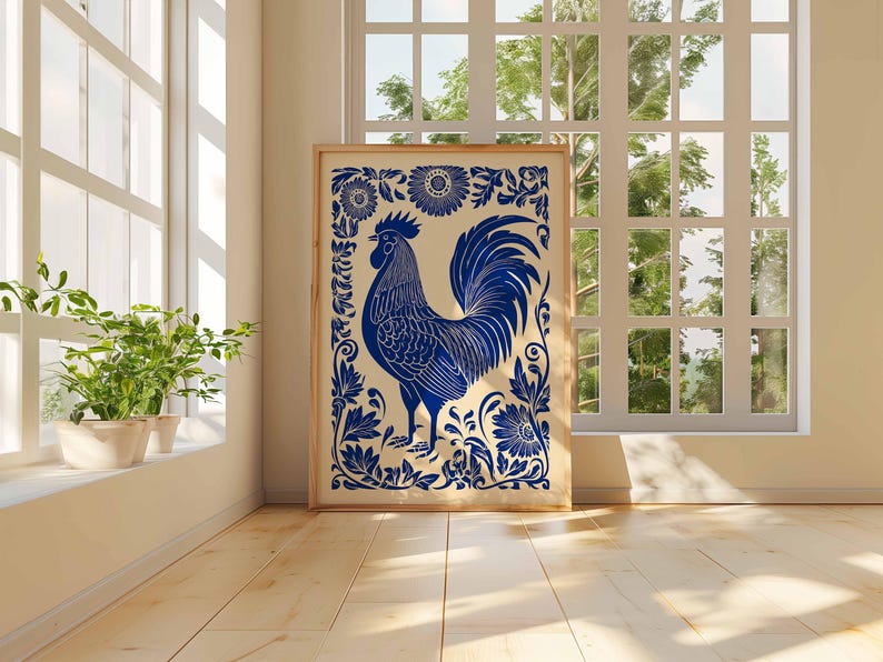French Country Farmhouse Rooster Art Print, Folk Art Style, Rustic Blue ...