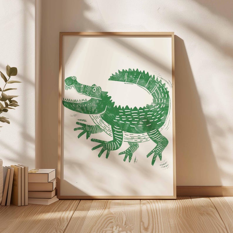 Crocodile Poster Animal Wall Art Print Green Linocut Style Illustration ...