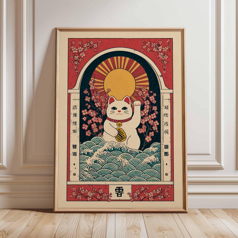Lucky Cat Japanese Print - Etsy UK
