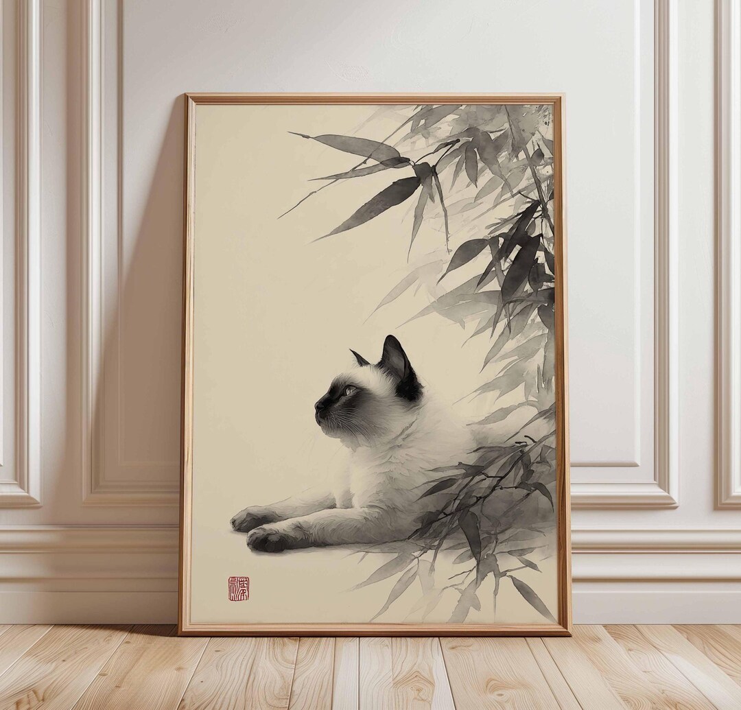 Siamese Cat Poster, Japanese Cat Wall Art, Bamboo Ink Painting, Zen ...