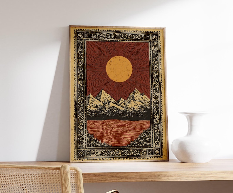 Mountain Sunrise Poster, Rustic Folk Art Landscape Print Style for ...