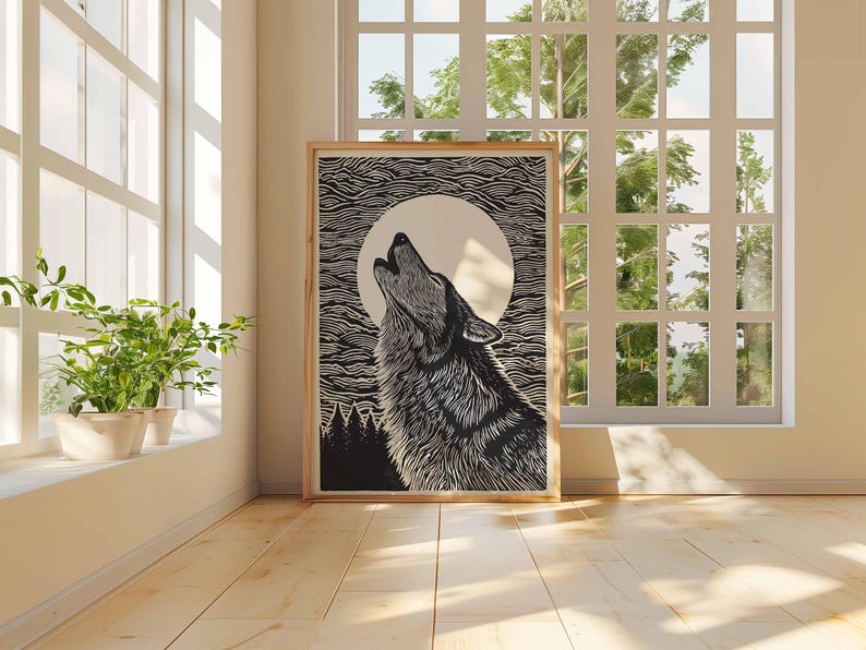 Wolf Poster, Howling Wolf Wall Art, Moon Animal Print, Black and White ...
