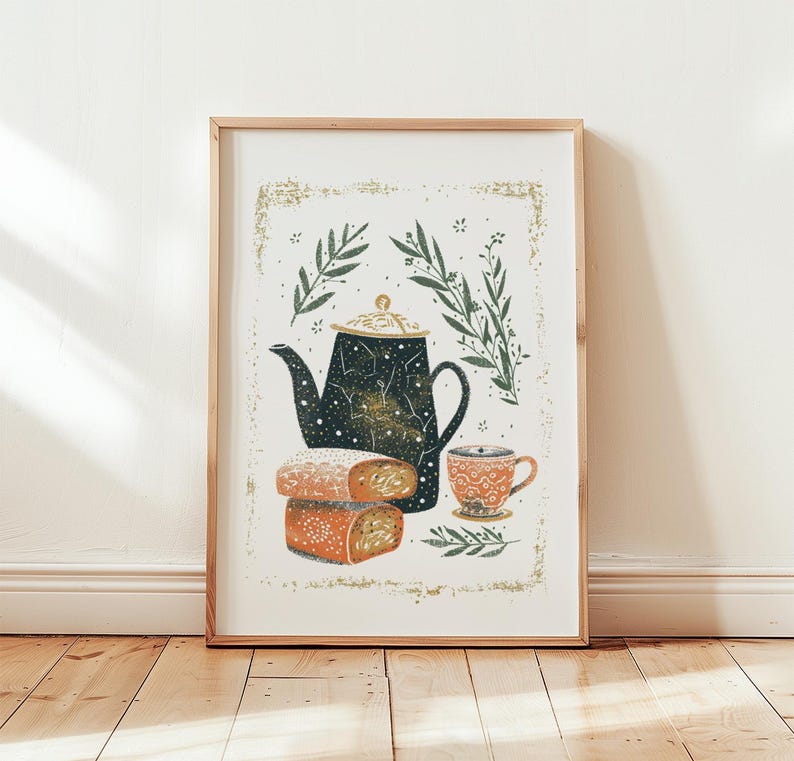 Teapot Bread Poster | Rustic Kitchen Wall Art | Cozy Botanical Print ...