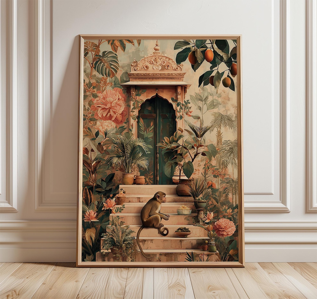Monkey Courtyard Poster, Tropical Botanical Animal Wall Art Print in ...