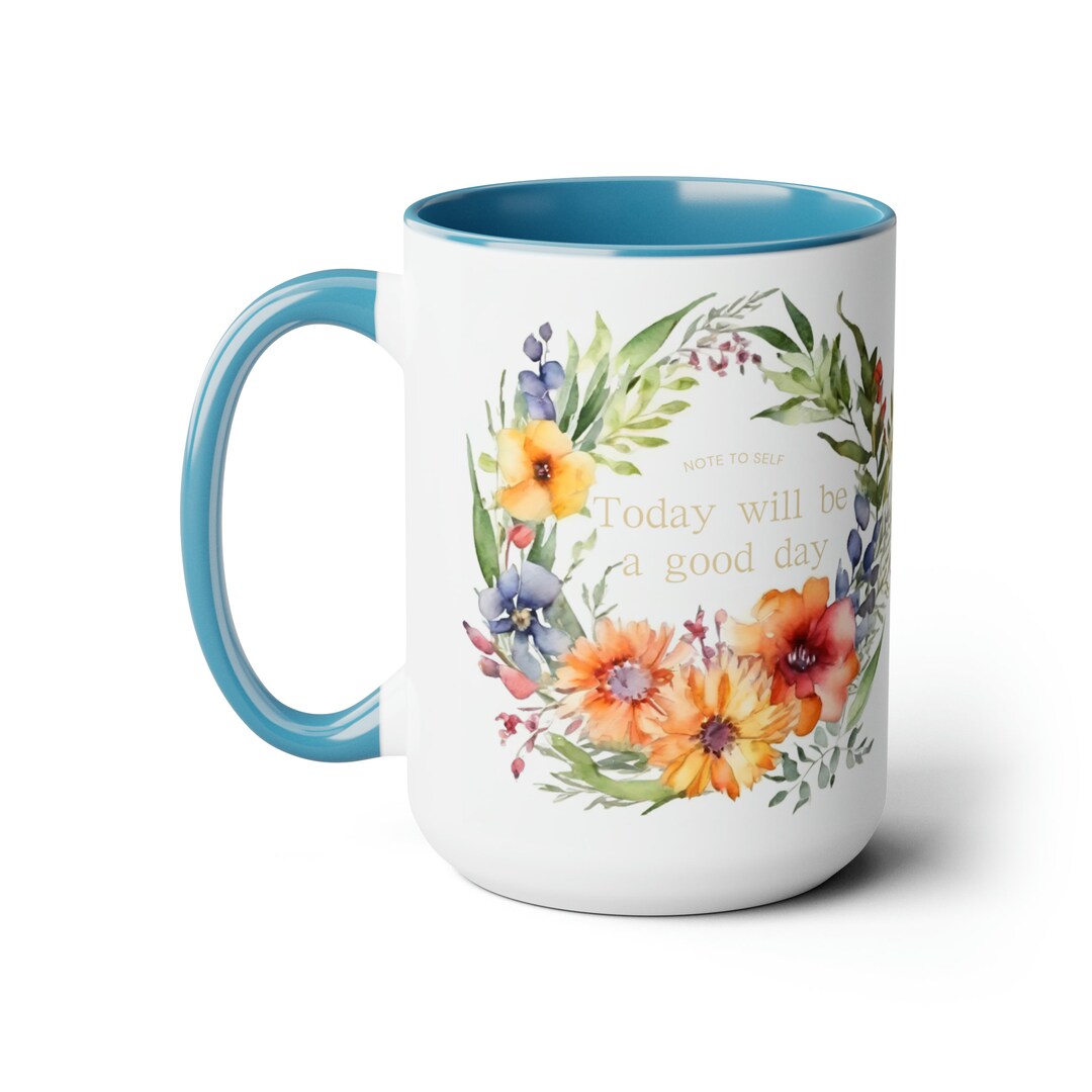 Motivational Two-tone Coffee Mugs, 15 Oz Mug, Floral Wreath Watercolor ...