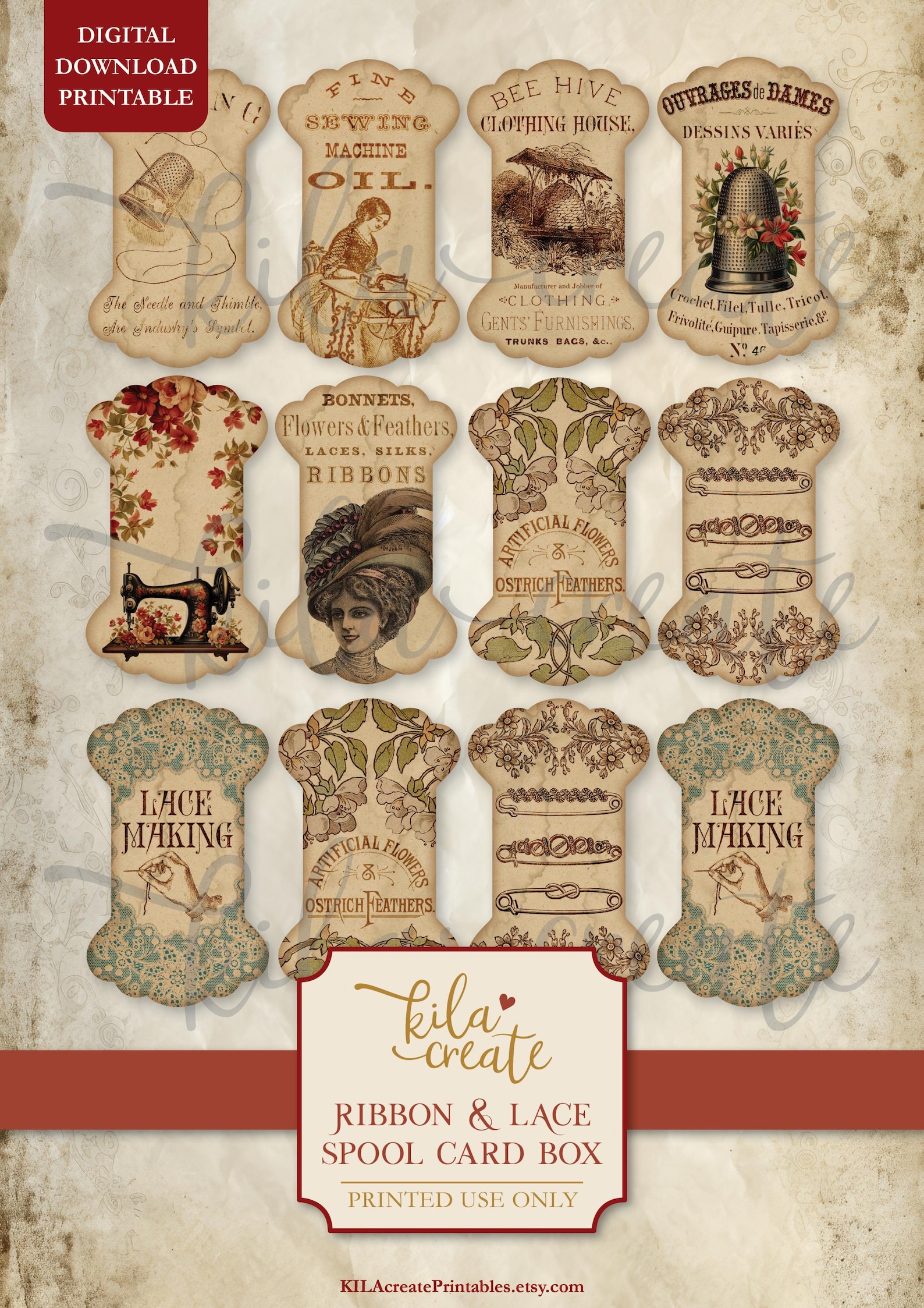 Ribbon & Lace Spool Cards With Storage Box, Vintage Ephemera, Tags ...