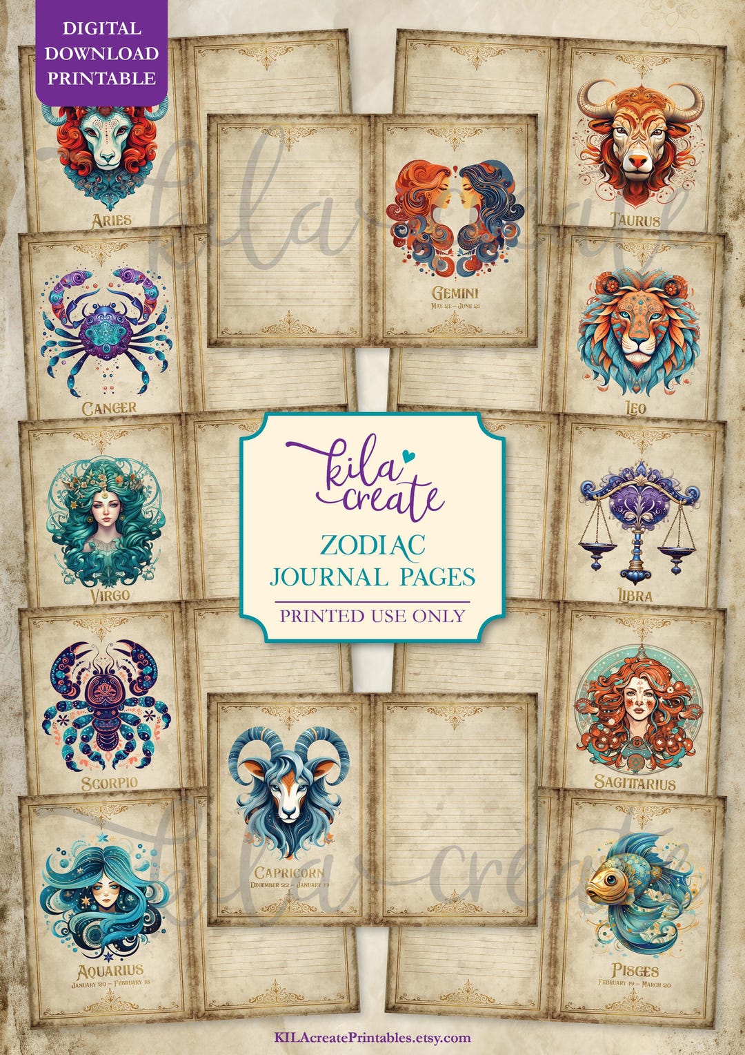 Zodiac Journal Pages, Star Sign Printable Journal Pages, Celestial ...