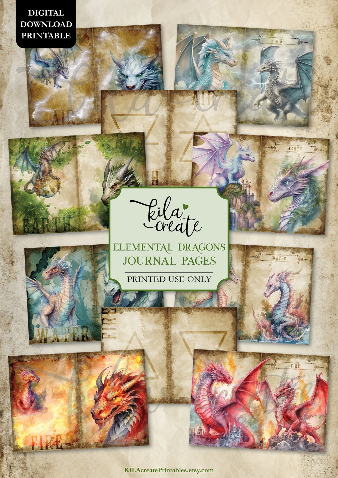 Elemental Dragons Journal Pages, Fantasy Dragon Journal, Air, Earth ...