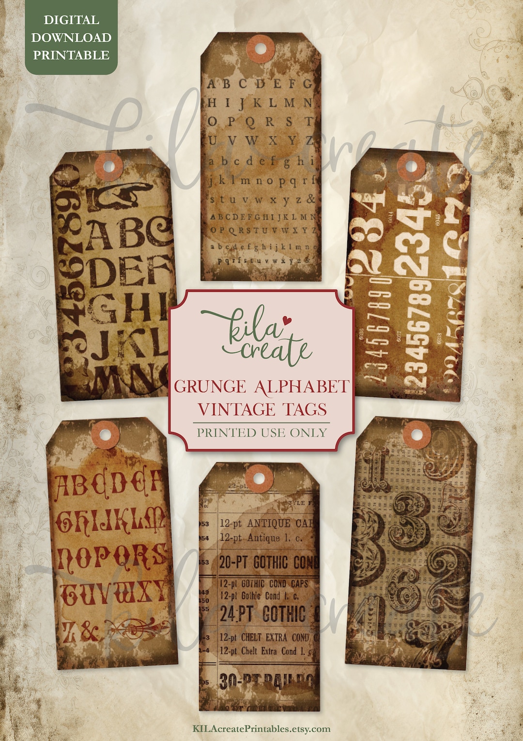 Vintage Grunge Alphabet Tags, Vintage Ephemera, Steampunk Junk Journal ...