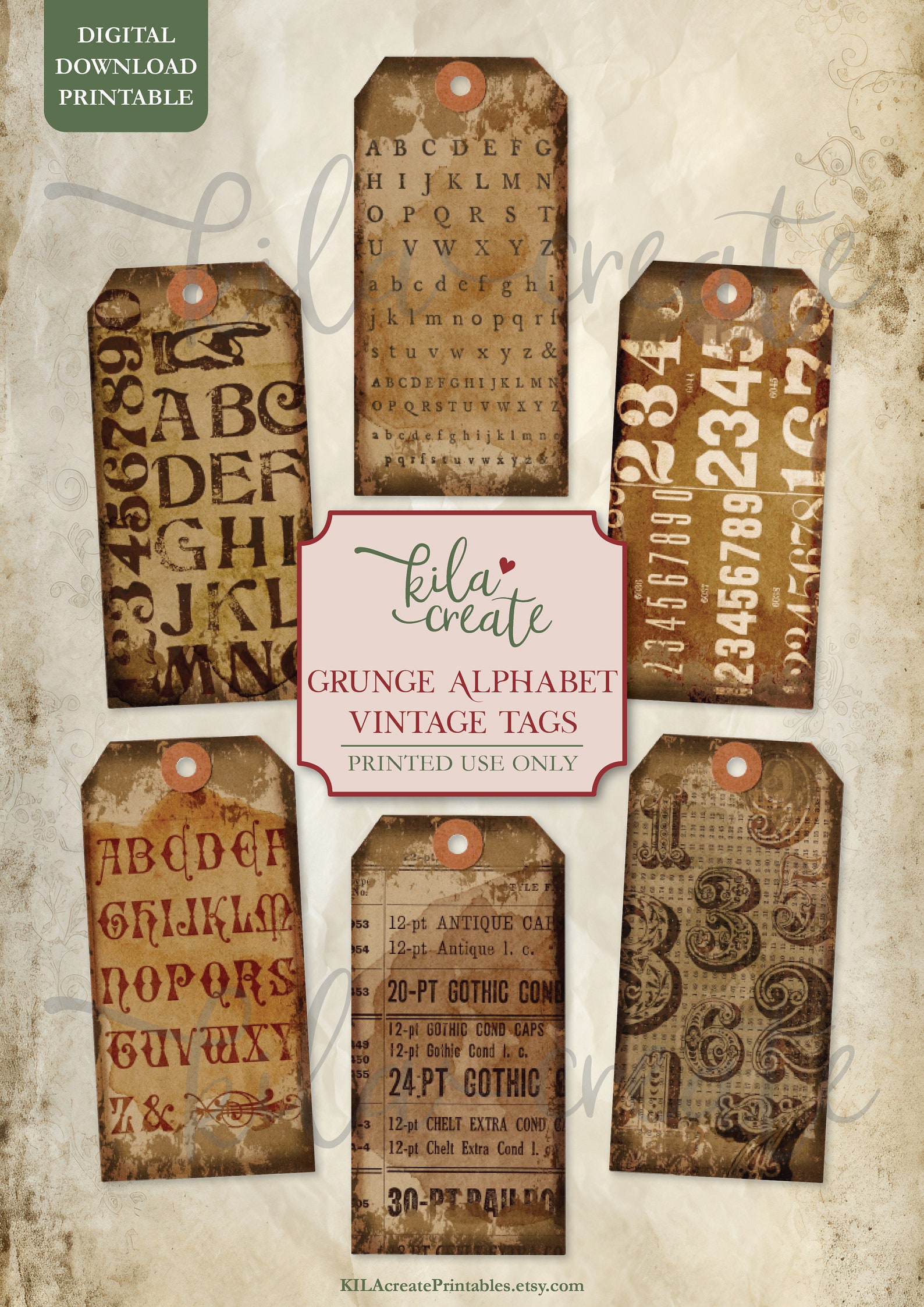 Vintage Grunge Alphabet Tags, Vintage Ephemera, Steampunk Junk Journal ...