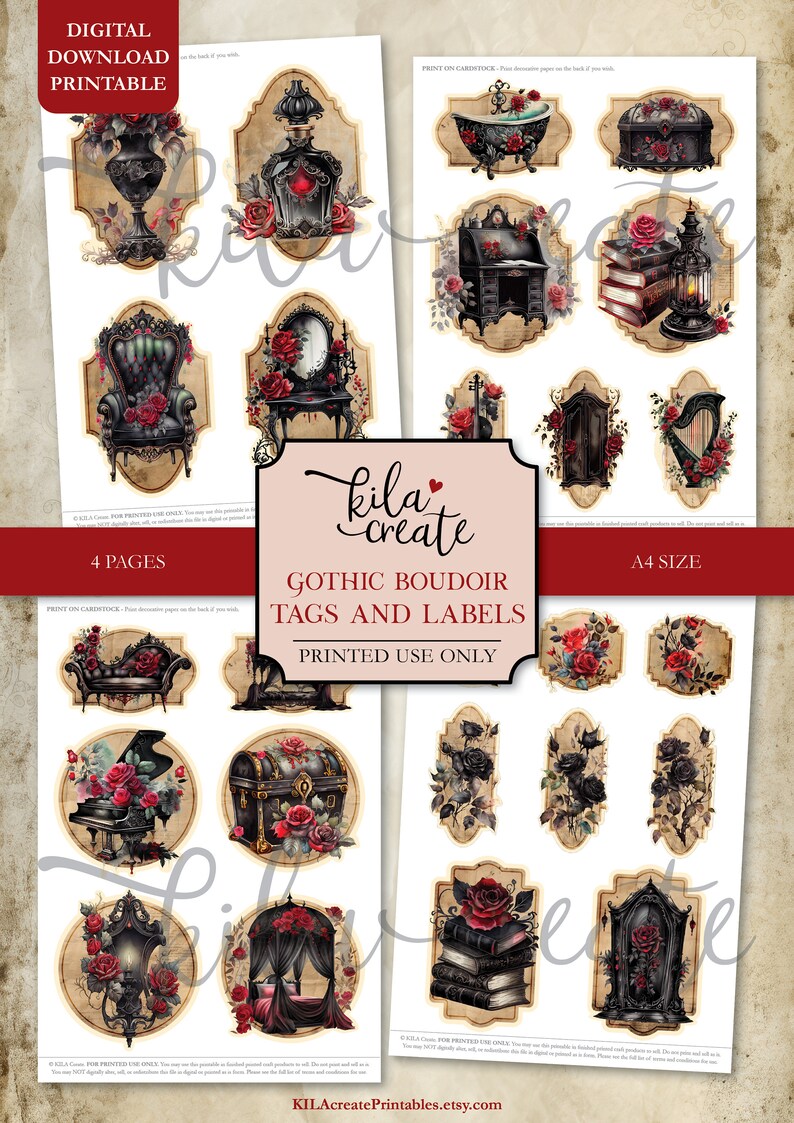 Gothic Boudoir Fussy Cut Tags and Labels, Gothic Junk Journal, Digital ...