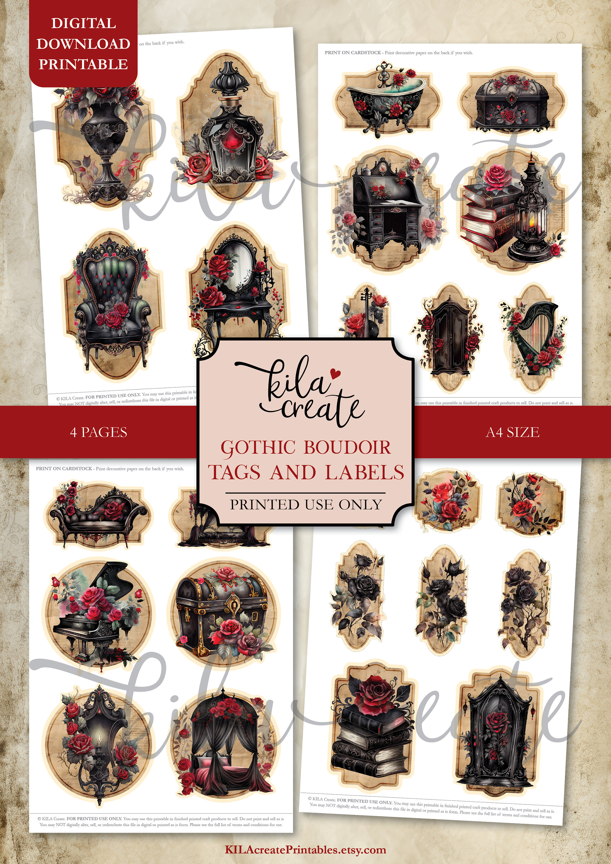 Gothic Boudoir Fussy Cut Tags and Labels, Gothic Junk Journal, Digital ...