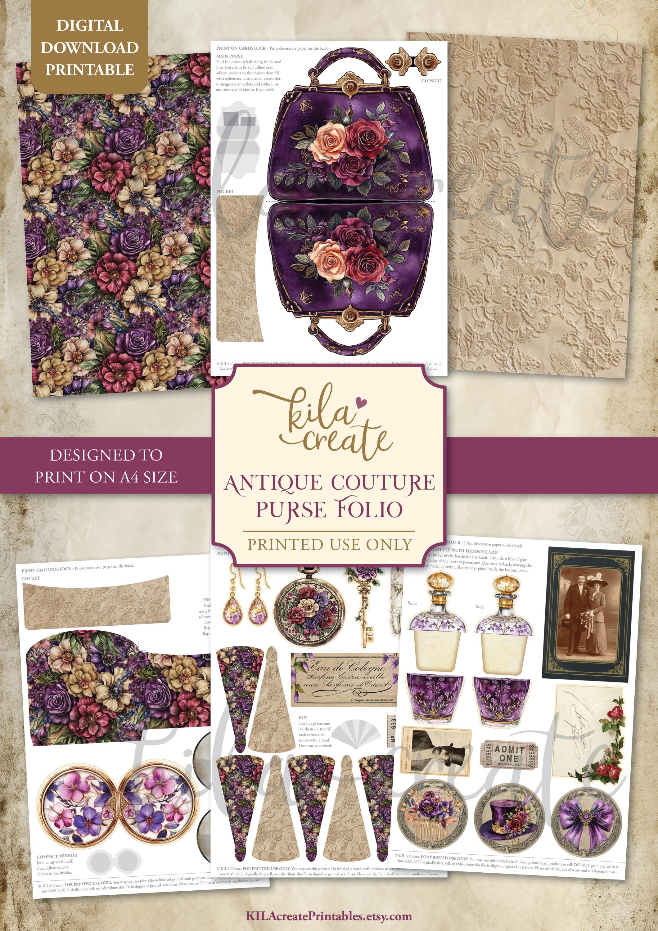 Antique Couture Purse Folio, French Junk Journal, Vintage, Floral ...