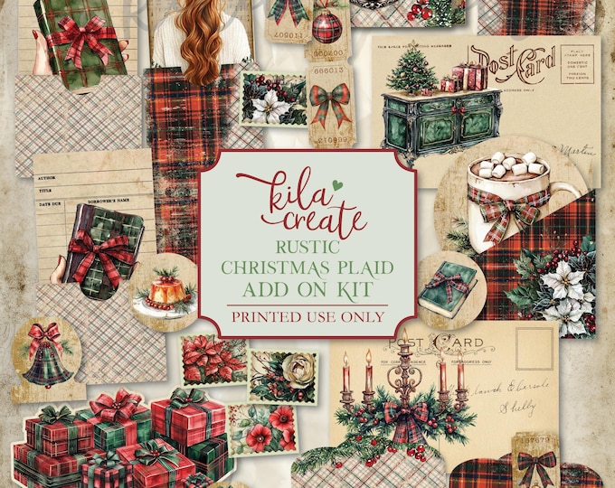 Rustic Christmas Plaid Add on Kit, Christmas Ephemera, Red, Green ...