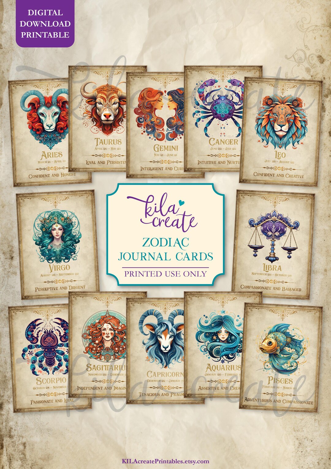 Zodiac Journal Cards, Star Sign Printable, Zodiac Ephemera, Celestial ...