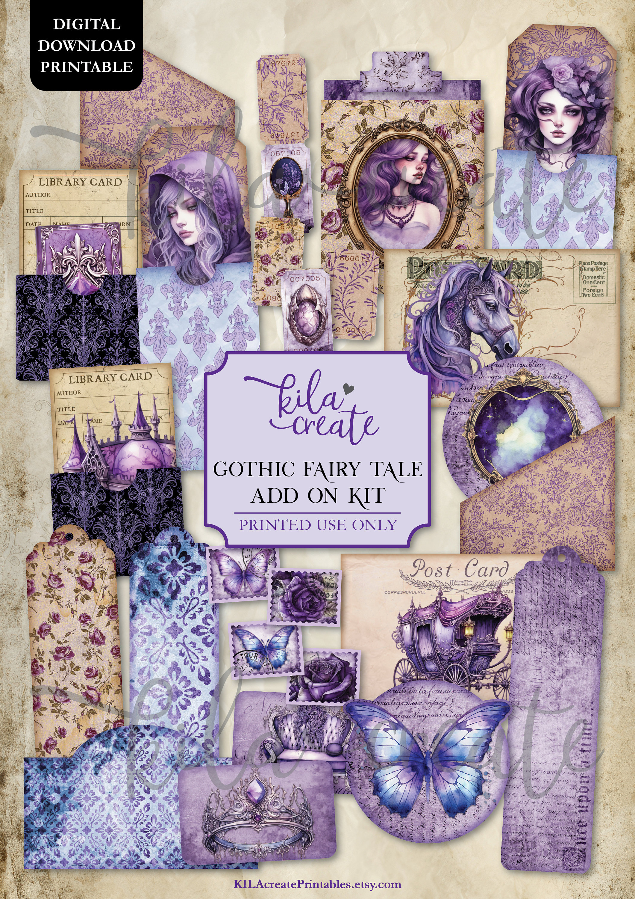 Gothic Fairy Tale Add on Journal Kit, Purple Gothic Junk Journal Kit ...