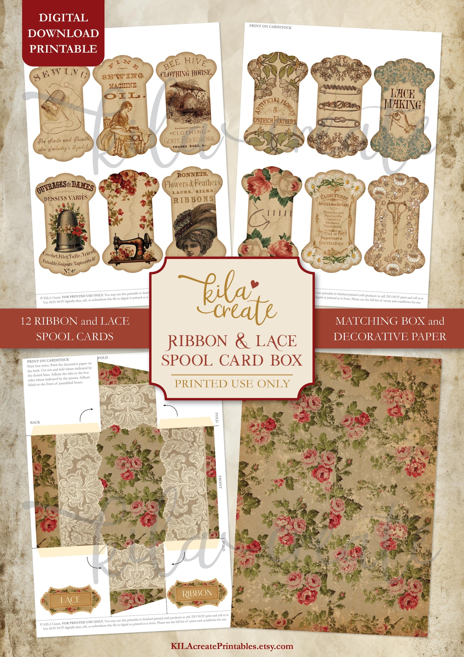 Ribbon & Lace Spool Cards With Storage Box, Vintage Ephemera, Tags ...