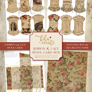 Ribbon & Lace Spool Cards With Storage Box, Vintage Ephemera, Tags, Ribbon, Lace, Digital ...