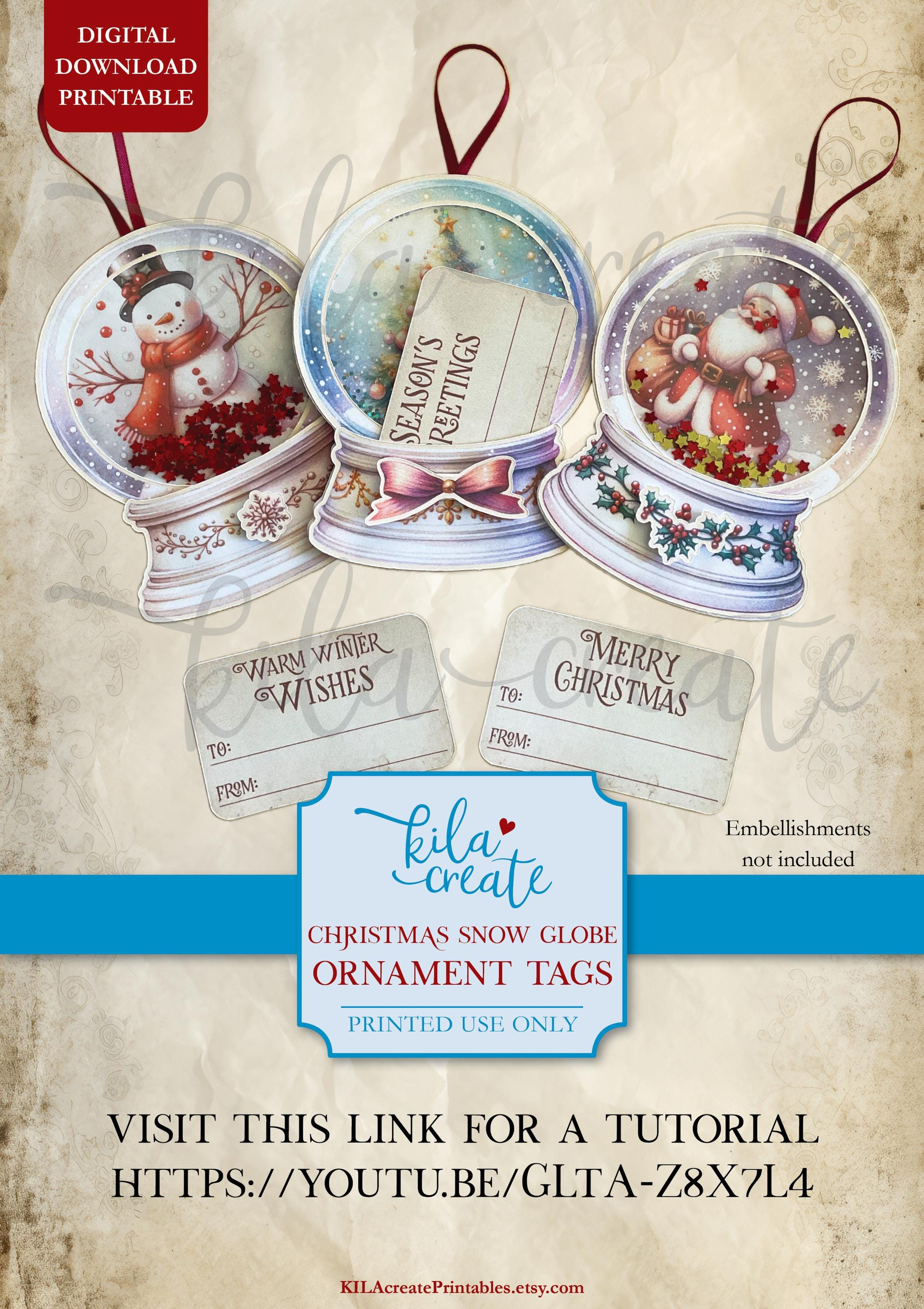 Christmas Snow Globe Ornament Tags, Christmas Ephemera, Christmas Gift ...
