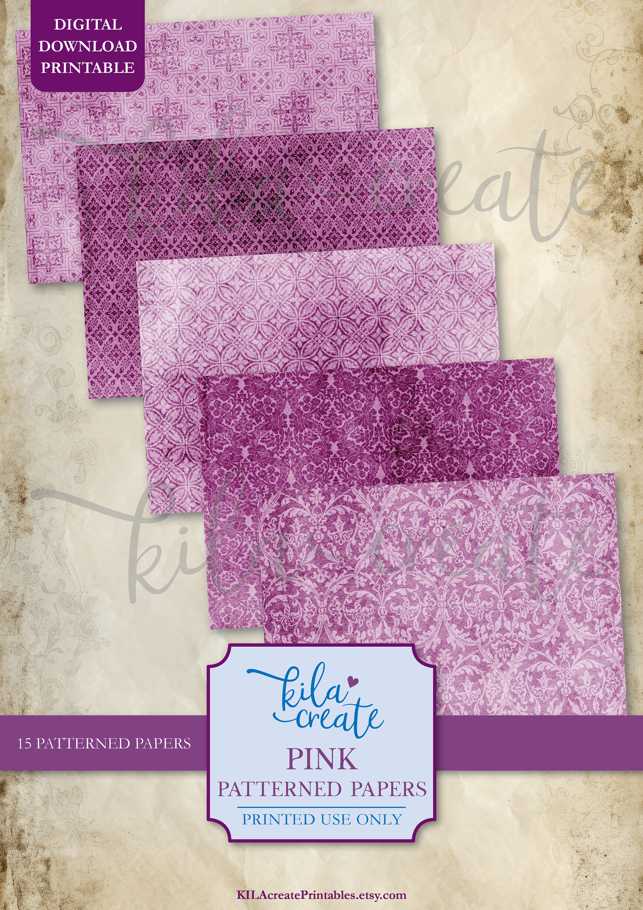 Pink Patterned Papers, Pink Journal Pages, Junk Journal Papers, Floral ...