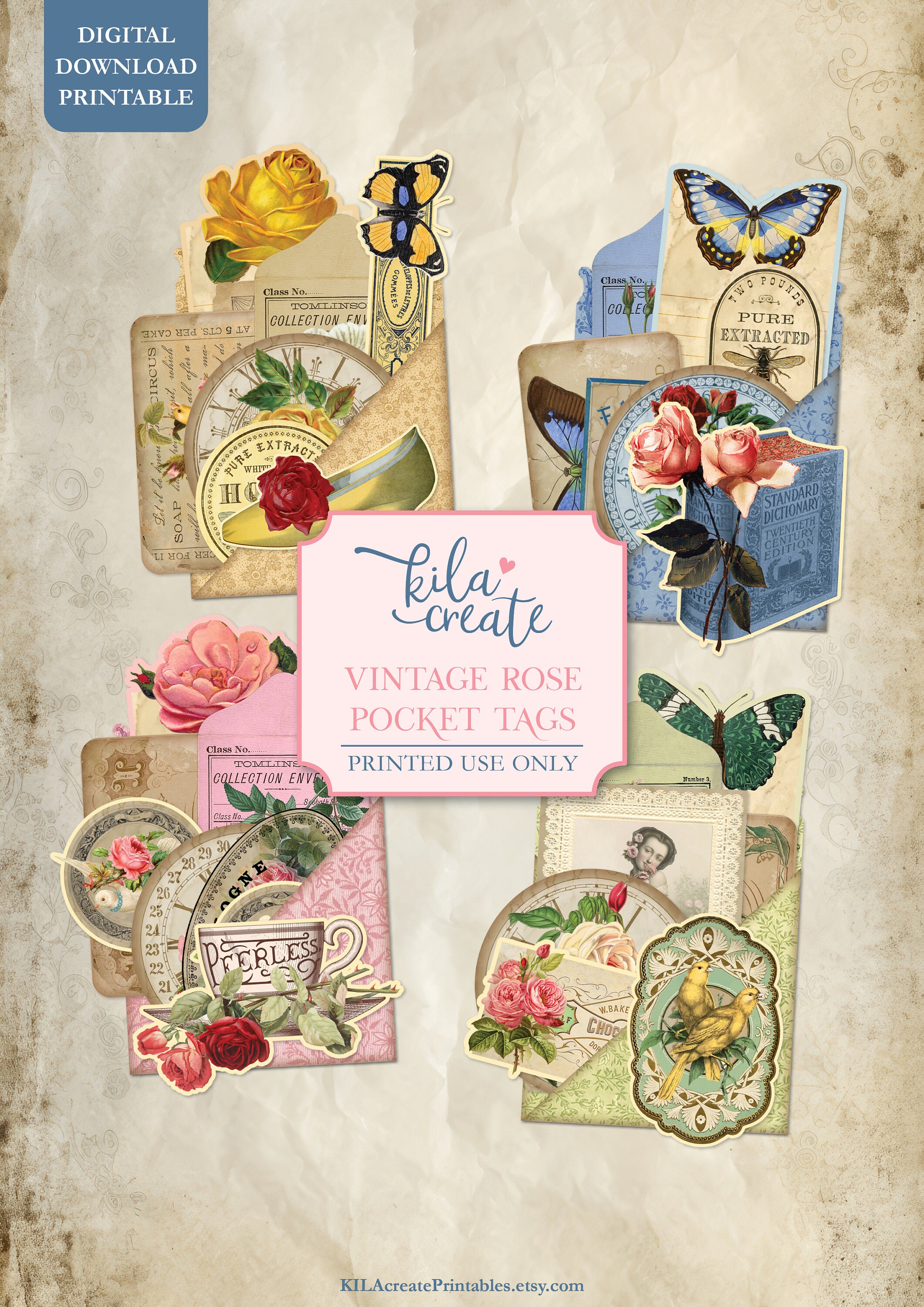 Vintage Rose Pocket Tags, Vintage Rose Ephemera, Loaded Pockets ...