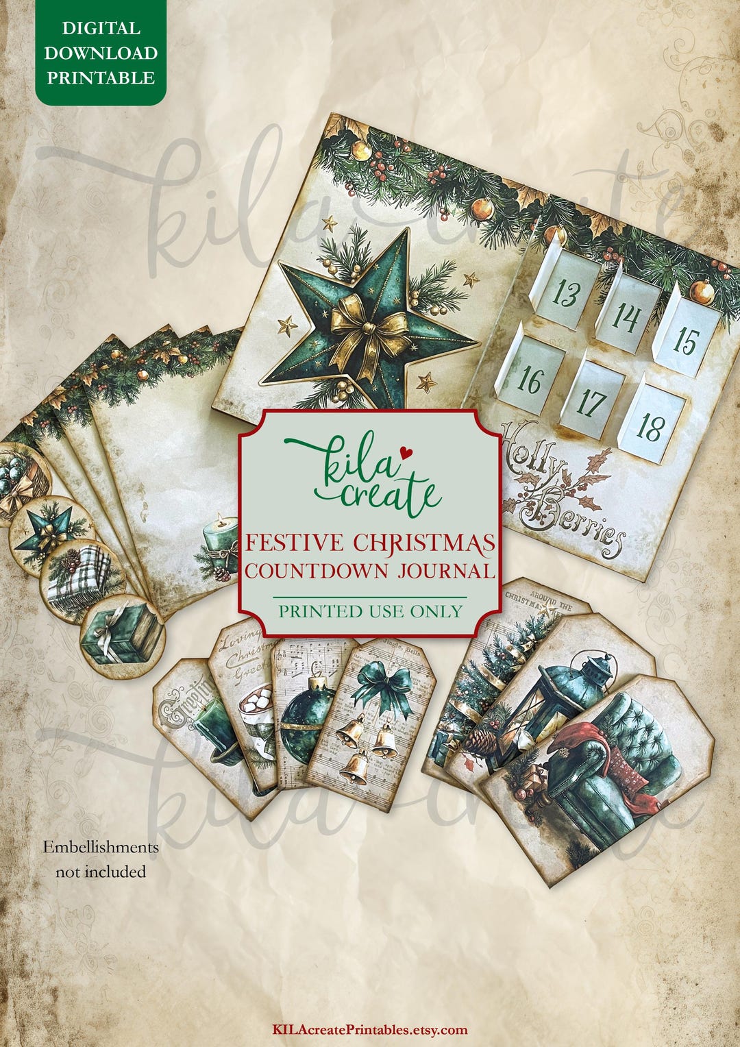 Festive Christmas Countdown Journal Kit, Christmas Advent Journal Kit ...