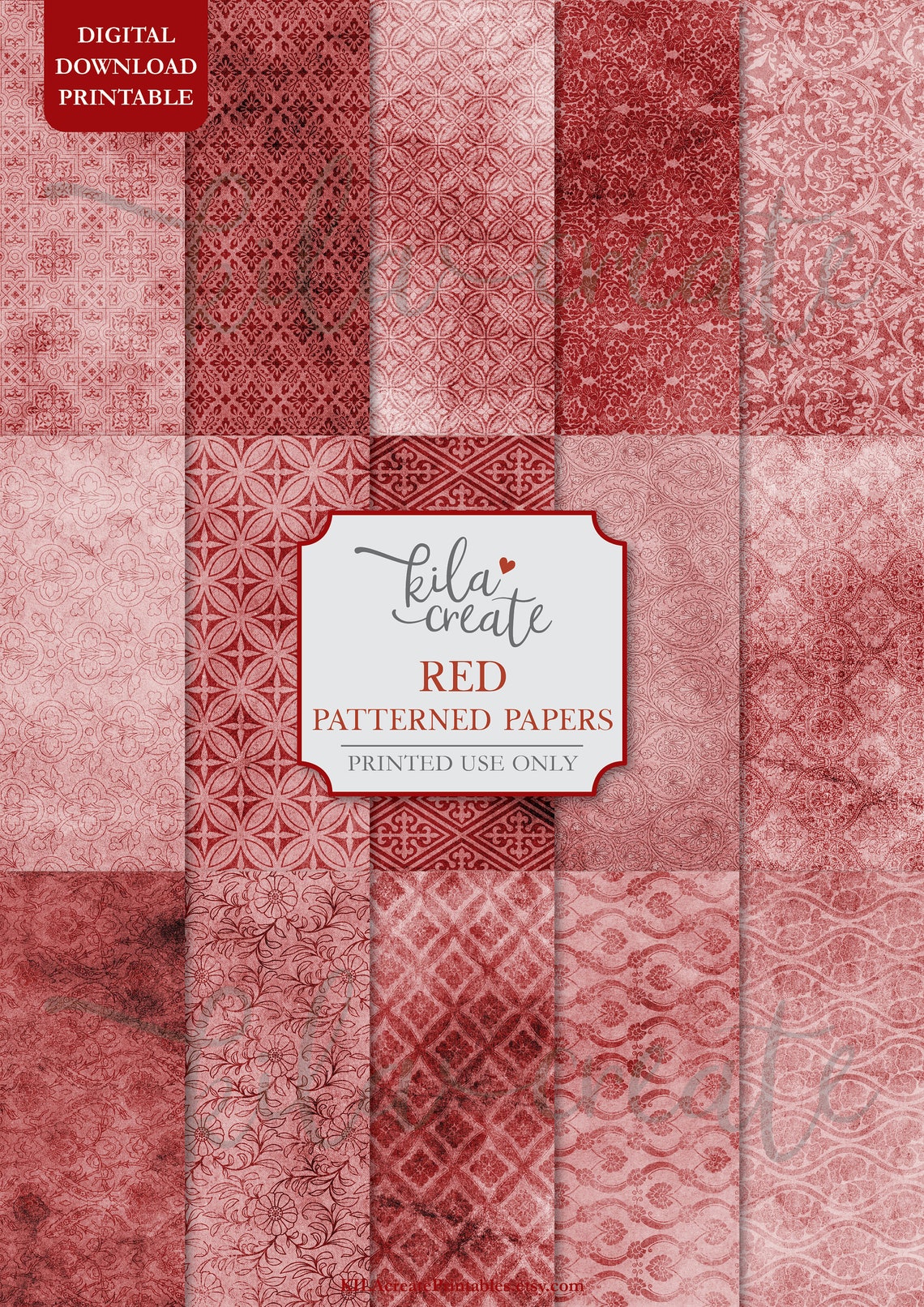 Red Patterned Papers, Red Journal Pages, Junk Journal Papers, Floral ...