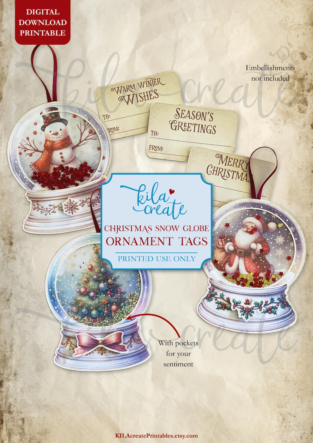 Christmas Snow Globe Ornament Tags, Christmas Ephemera, Christmas Gift ...