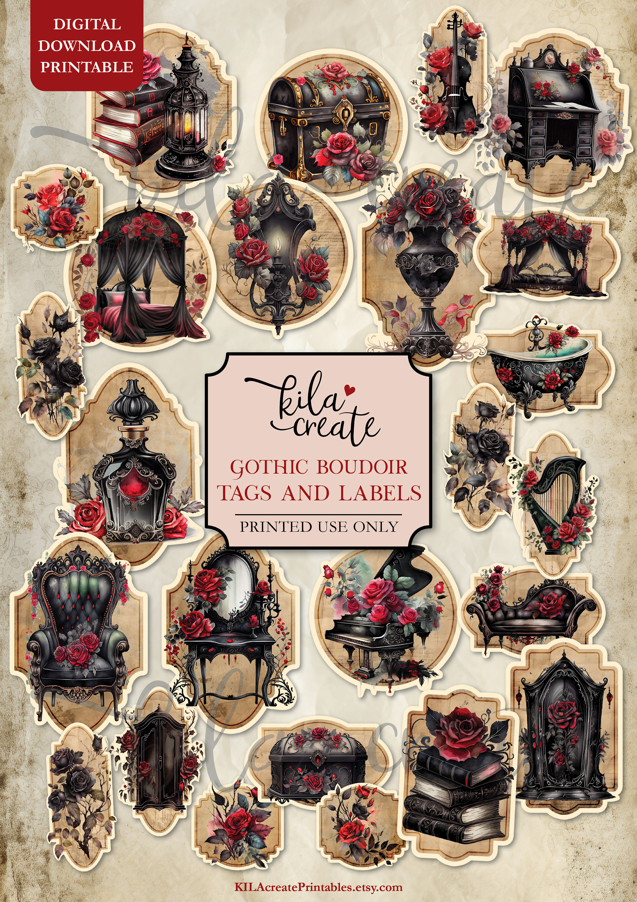 Gothic Boudoir Fussy Cut Tags and Labels, Gothic Junk Journal, Digital ...