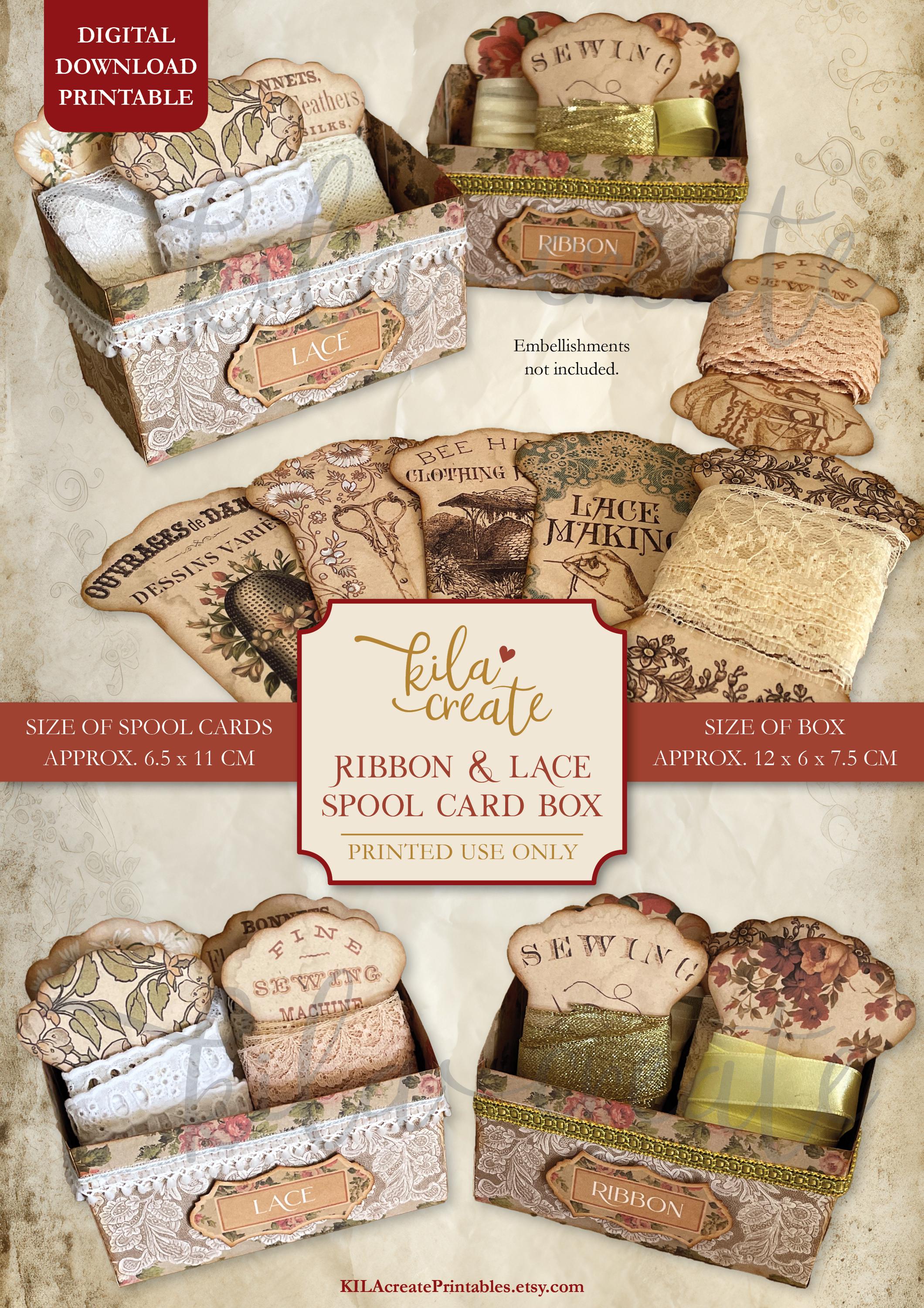 Ribbon & Lace Spool Cards With Storage Box, Vintage Ephemera, Tags ...