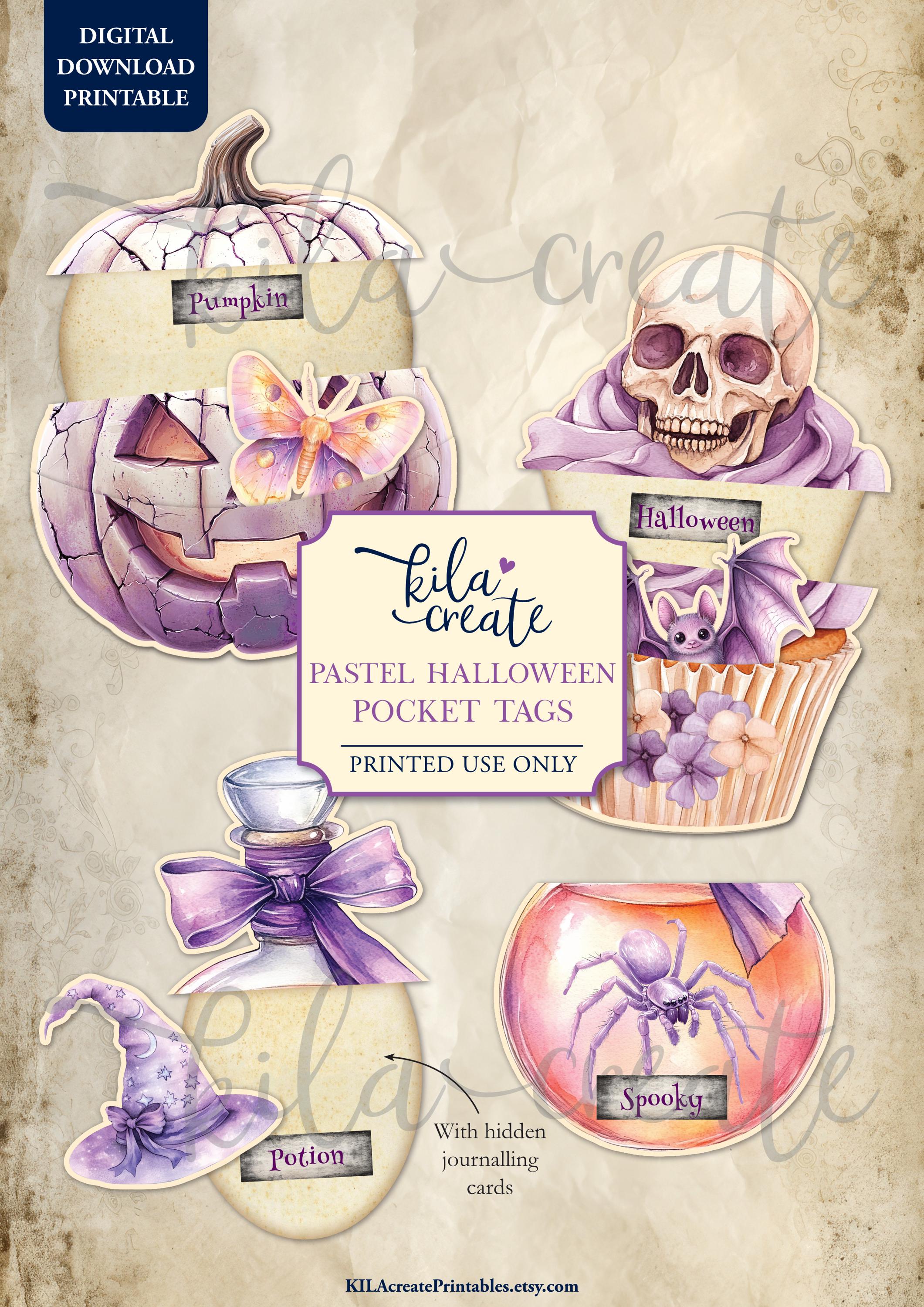 Pastel Halloween Pocket Tags With Hidden Journal Cards, Halloween ...