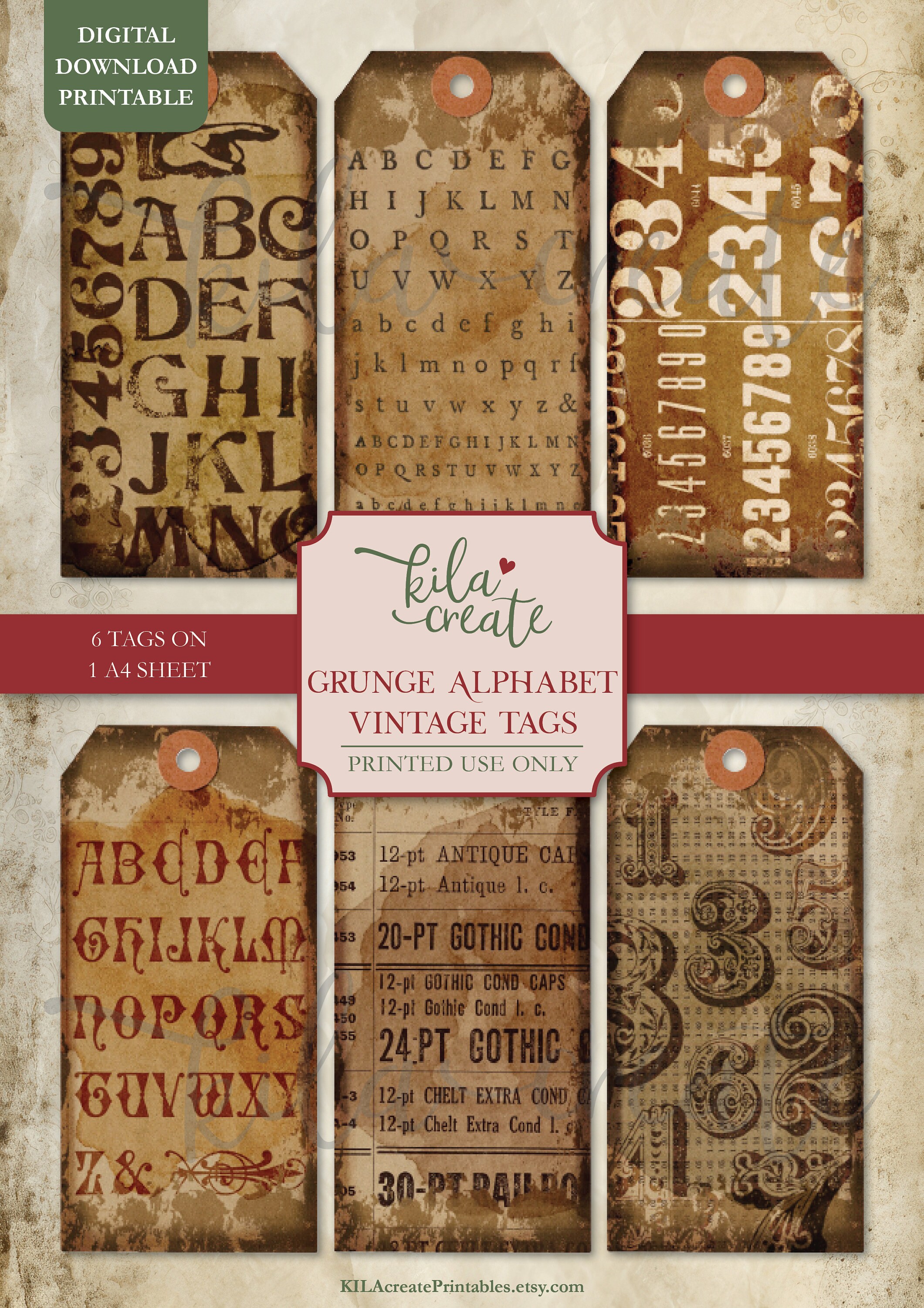 Vintage Grunge Alphabet Tags, Vintage Ephemera, Steampunk Junk Journal ...