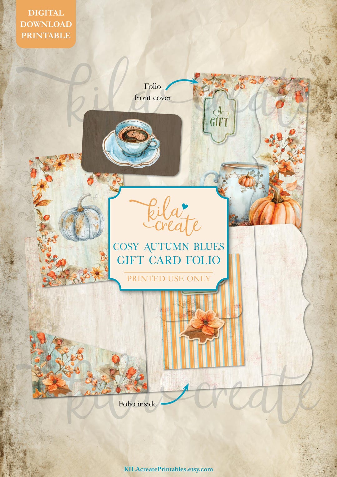 Cosy Autumn Blues Gift Card Folio, Seasonal Gifts, Pumpkin, Fall Folio ...