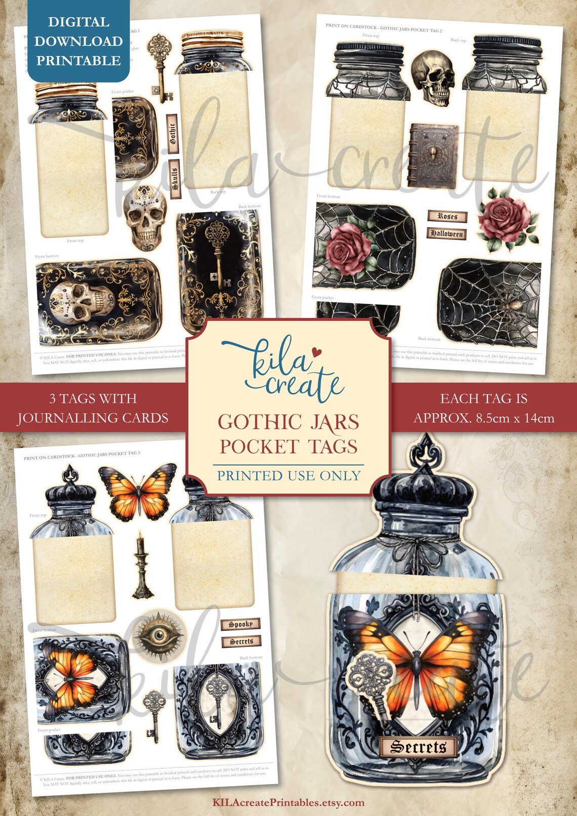 Gothic Jars Pocket Tags With Hidden Journal Cards, Halloween Printable ...