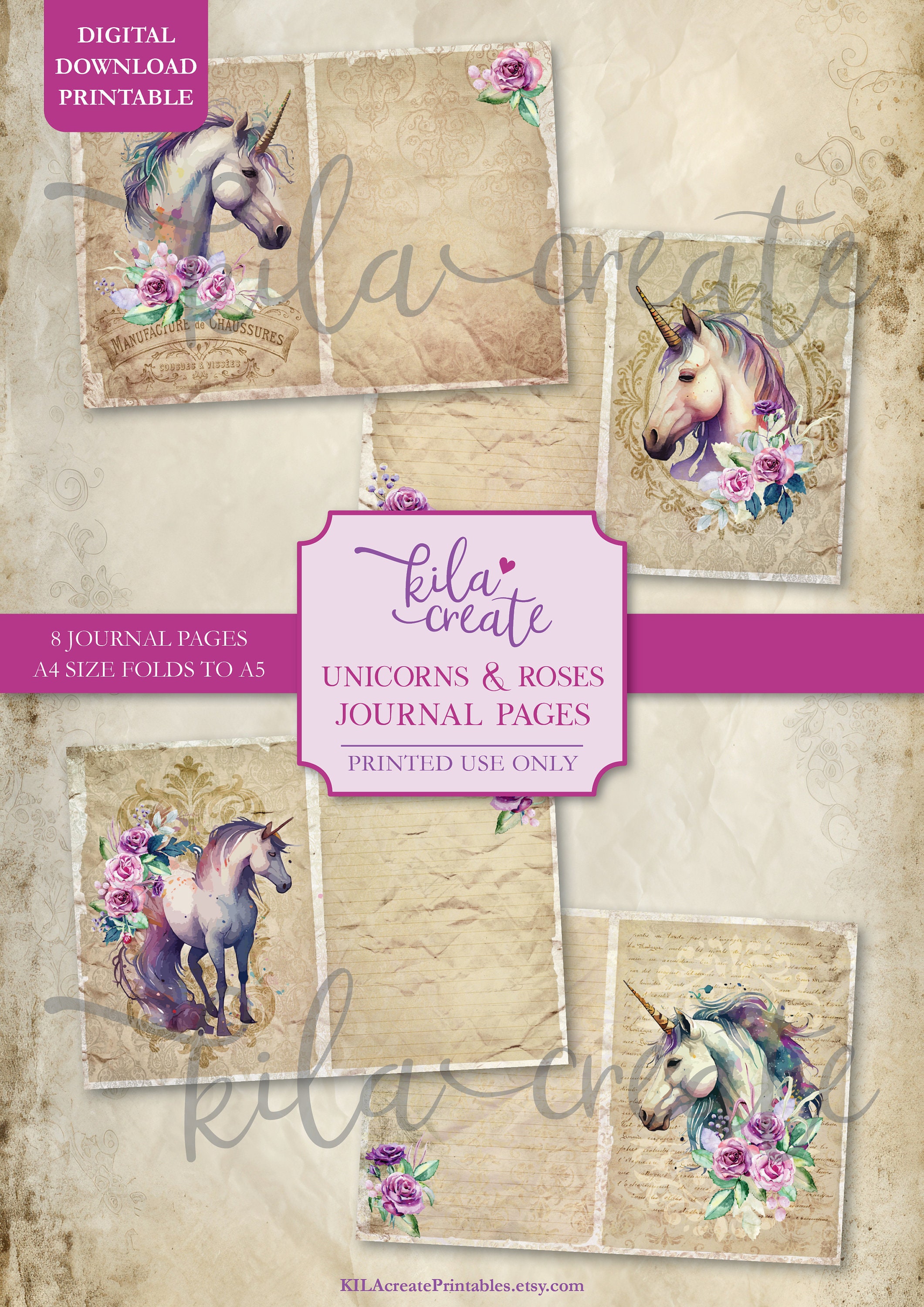 Unicorns and Roses Junk Journal Pages and Papers, Unicorn Journal ...