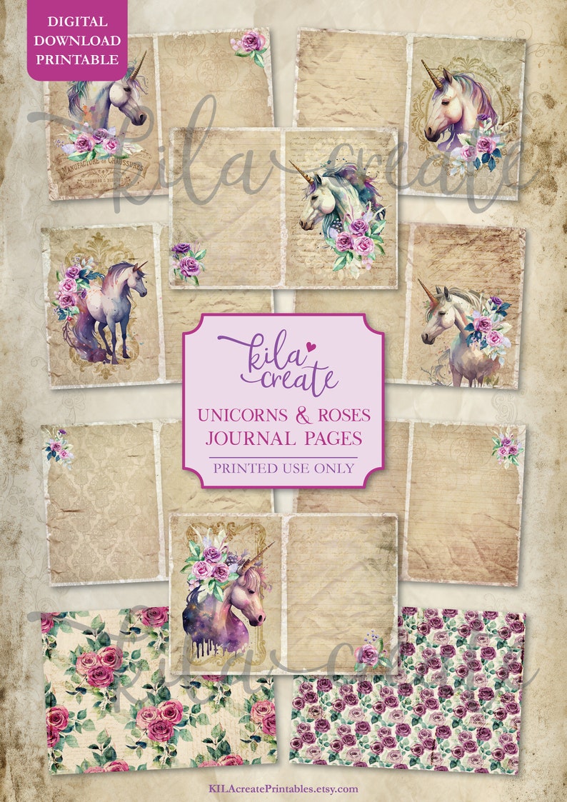 Unicorns and Roses Junk Journal Pages and Papers, Unicorn Journal ...