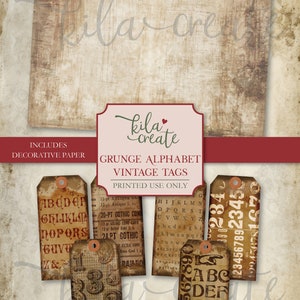 Vintage Grunge Alphabet Tags, Vintage Ephemera, Steampunk Junk Journal ...