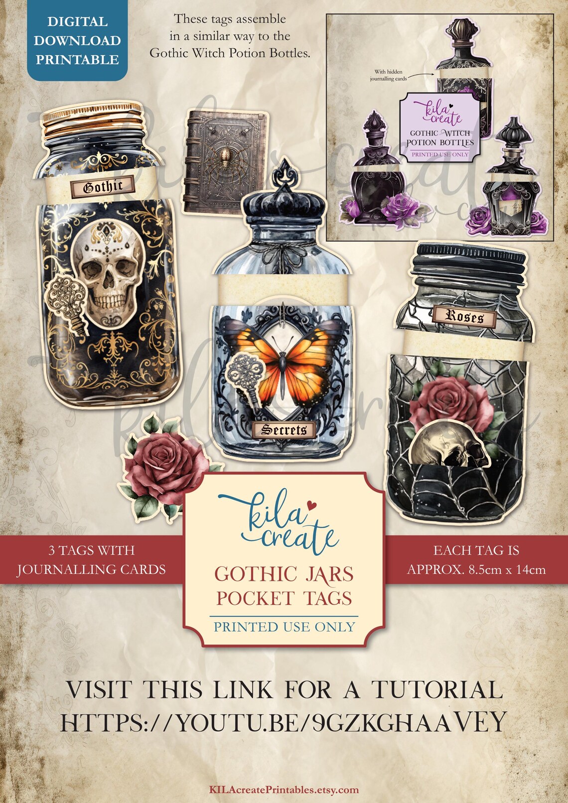 Gothic Jars Pocket Tags With Hidden Journal Cards, Halloween Printable ...