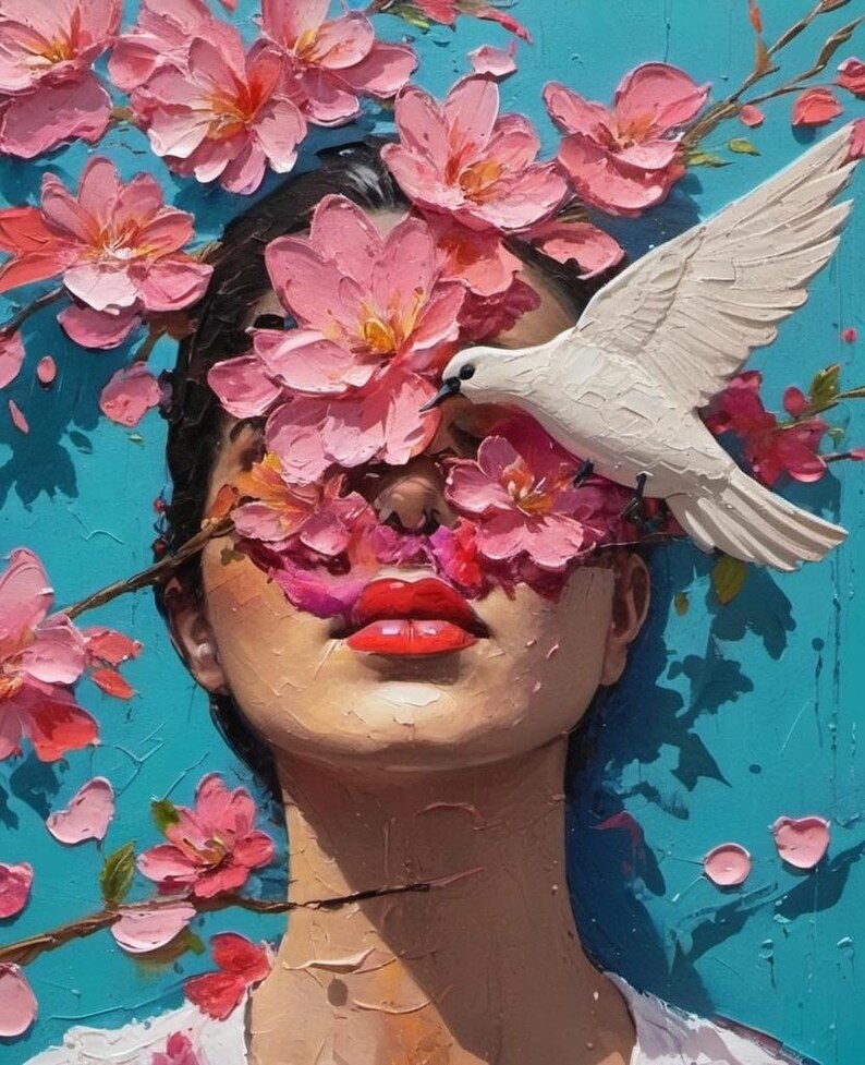 Retrato de una mujer con palomas y flores, pintura abstracta, regalo ...