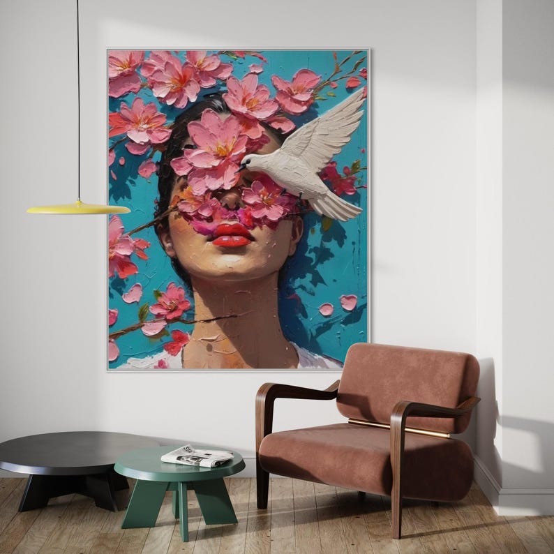 Retrato de una mujer con palomas y flores, pintura abstracta, regalo ...