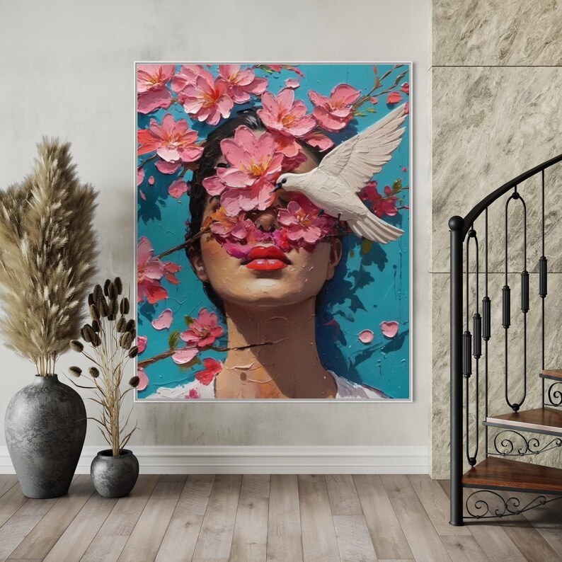 Retrato de una mujer con palomas y flores, pintura abstracta, regalo ...